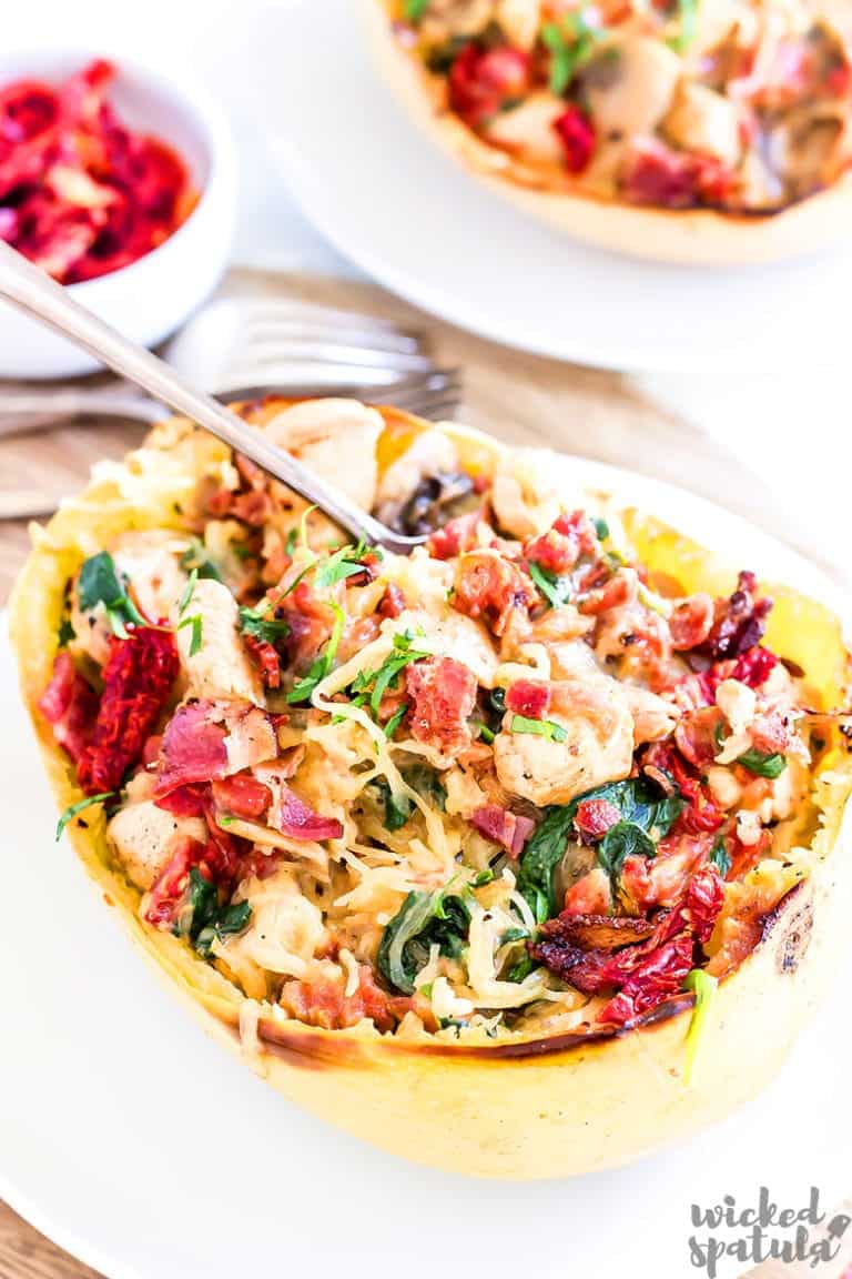 Tuscan Paleo Whole30 Spaghetti Squash Boats Recipe | Wicked Spatula